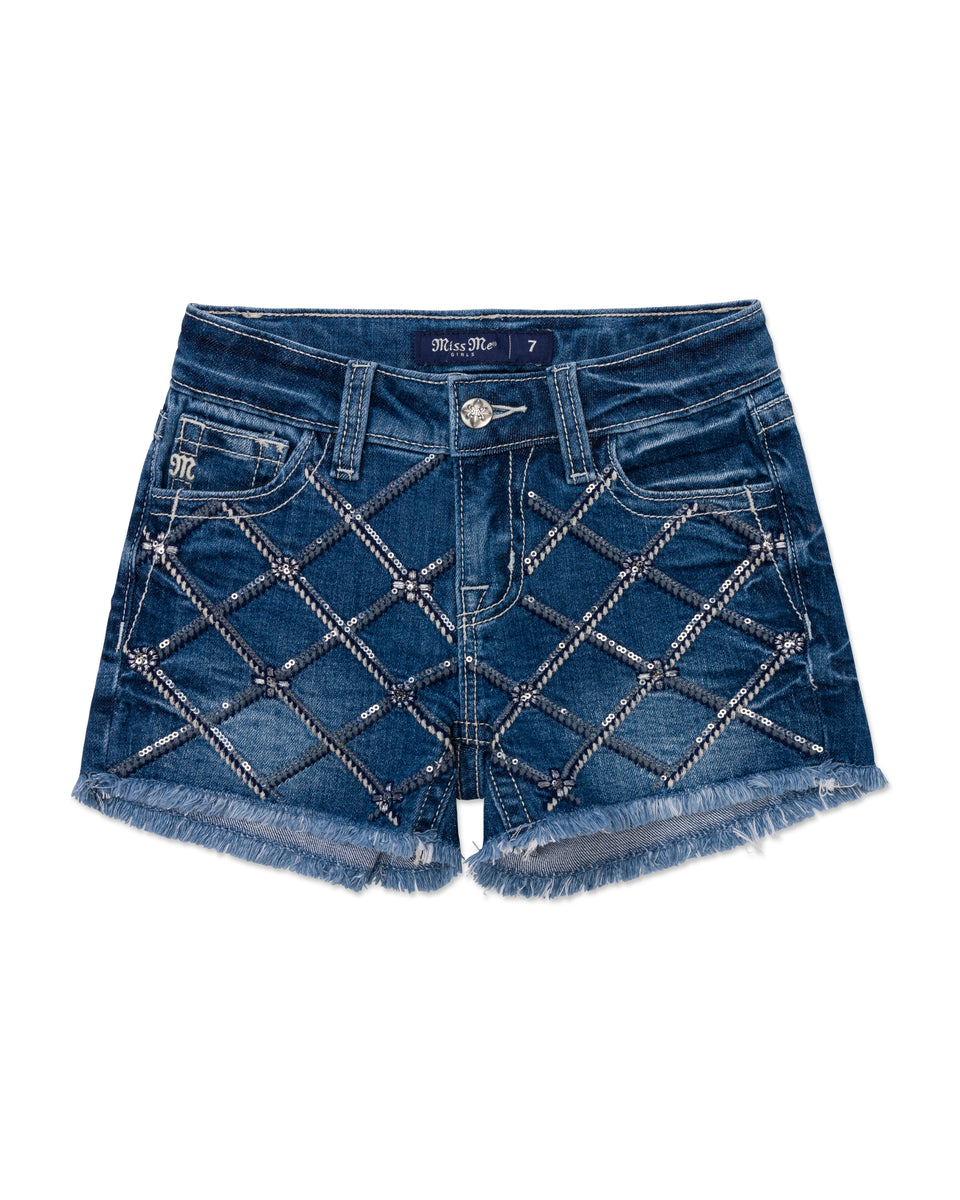 Girls Criss Cross Sequin Shorts | Only $74.00 | Medium Wash | Miss Me
